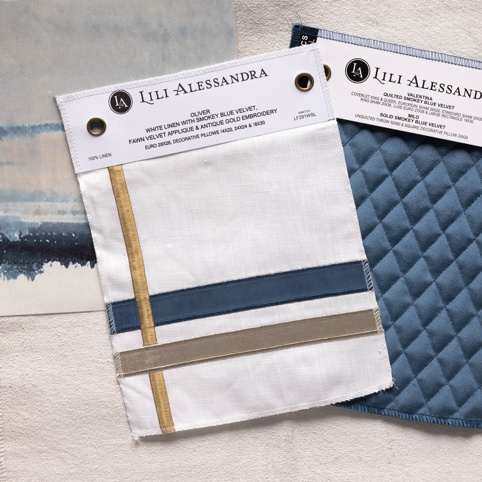 Swatch - Oliver Dec. Pillows White Linen - Smokey Blue & Fawn Velvet A ...